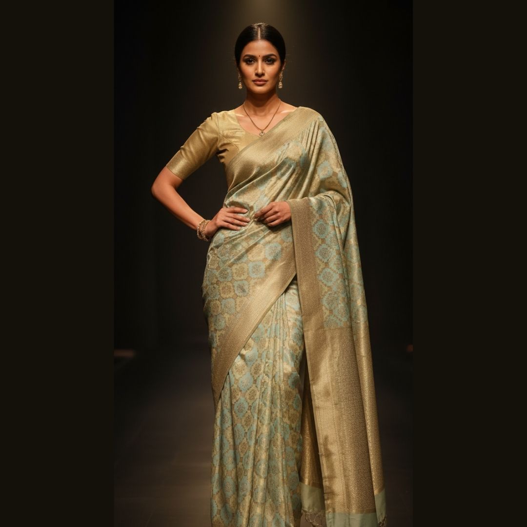 LIGHT BLUE WITH LIGHT GREEN RANGKAT BANARASI KATAN SILK SAREE ...